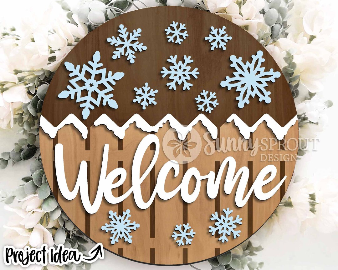Welcome Fence Snowflakes Sign, Round Door Hanger Svg, Glowforge Laser ...