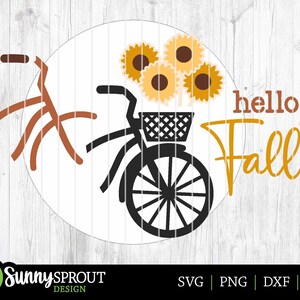 Hello Fall Bicycle Sunflower Sign, Round Door Hanger Svg, Glowforge ...