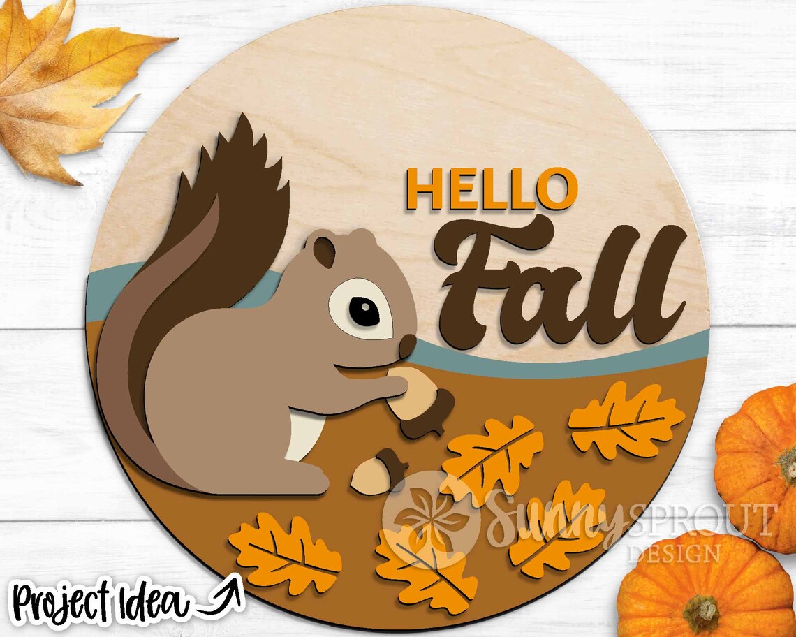 Hello Fall Squirrel, Digital Download, Round Door Hanger Svg, Autumn ...