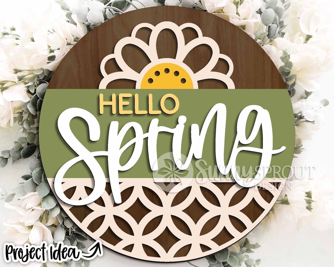 Hello Spring Flower Pattern Sign, Round Door Hanger Svg, Spring Welcome ...