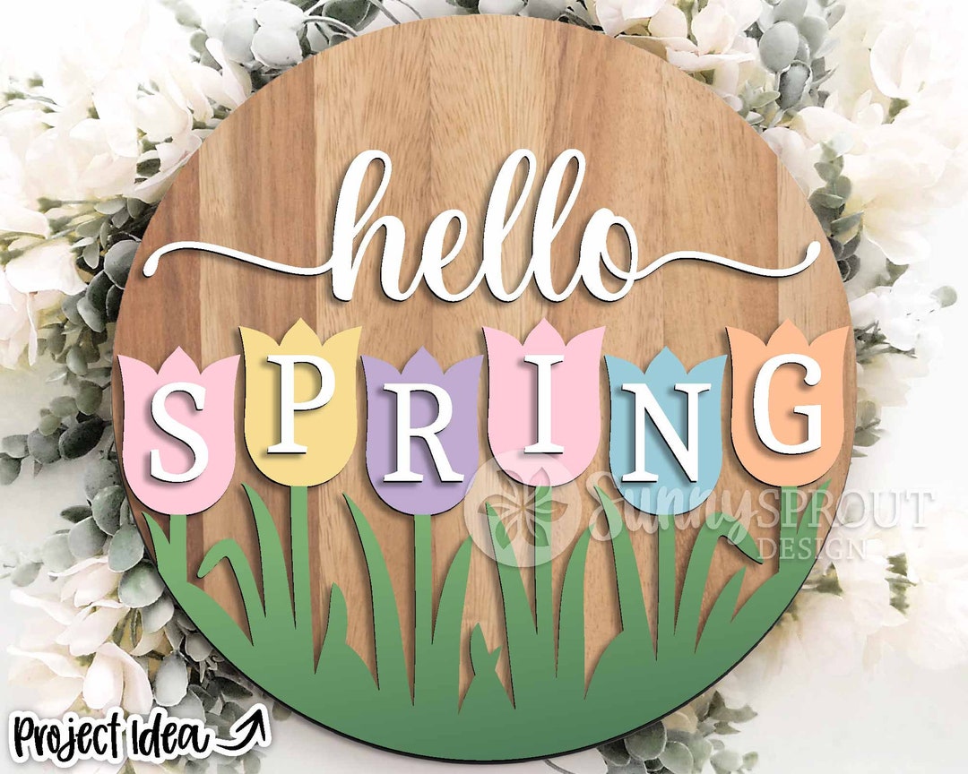 Hello Spring Tulips Sign, Round Door Hanger Svg, Spring Welcome Sign ...