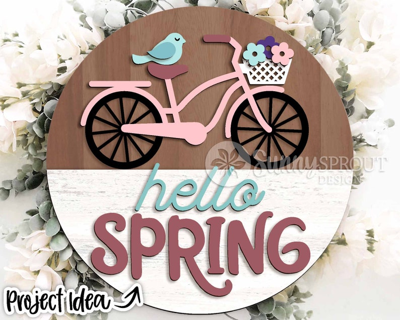 Hello Spring Bicycle Sign, Round Door Hanger Svg, Glowforge Laser Cut ...
