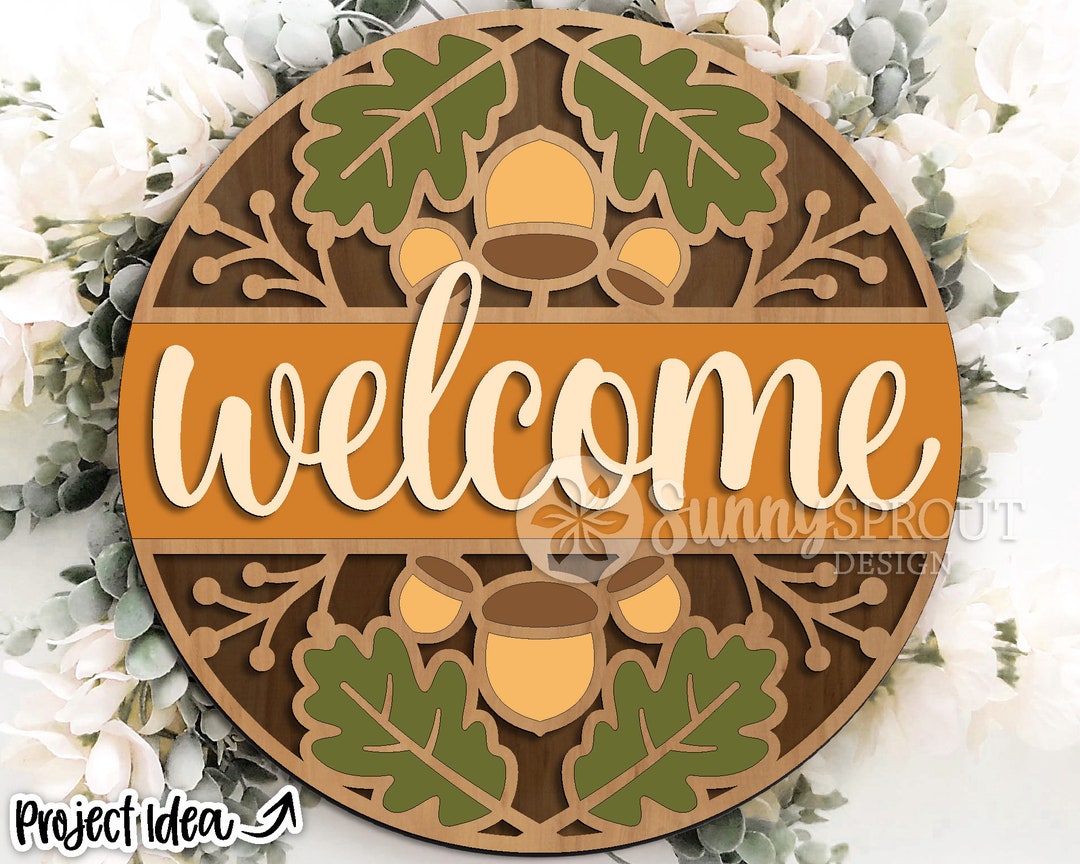 Welcome Fall Leaf Acorn Sign, Digital Download, Round Door Hanger Svg ...