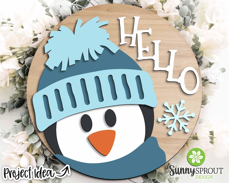 Hello Winter Penguin Sign, DIGITAL Download, Round Door Hanger Svg ...