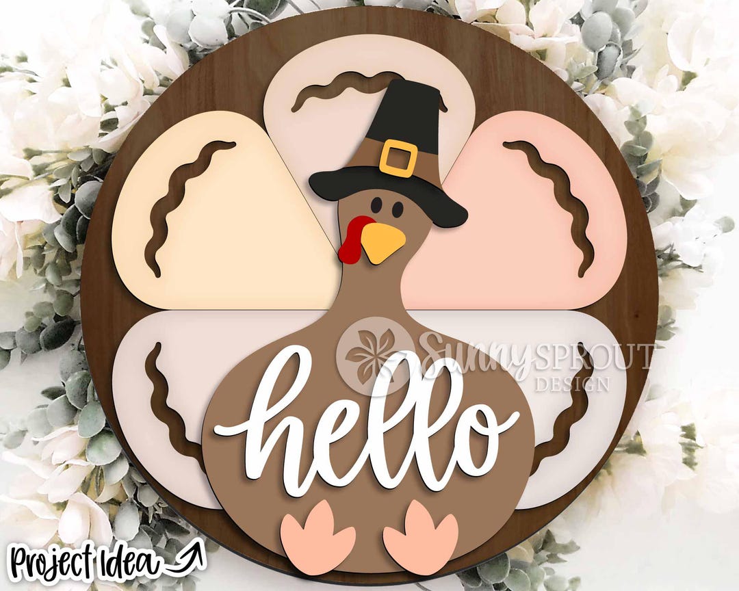 Pilgrim Turkey Hello Sign, Digital Download, Round Door Hanger Svg ...