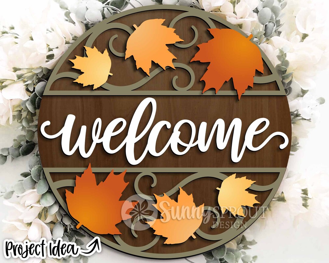 Welcome Maple Leaf Pattern Sign, Digital Download, Round Door Hanger ...