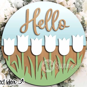 Hello Tulips Sky Sign, Round Door Hanger Svg, Spring Welcome Sign ...