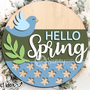 Hello Spring Bird and Branch Sign, Round Door Hanger Svg, Glowforge ...