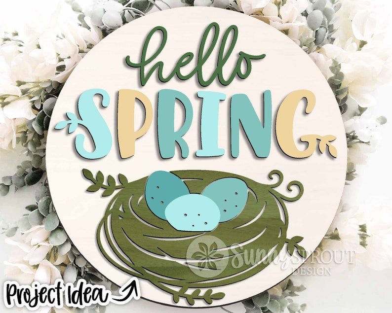 Hello Spring Robin Egg Nest Sign, Round Door Hanger Svg, Glowforge ...