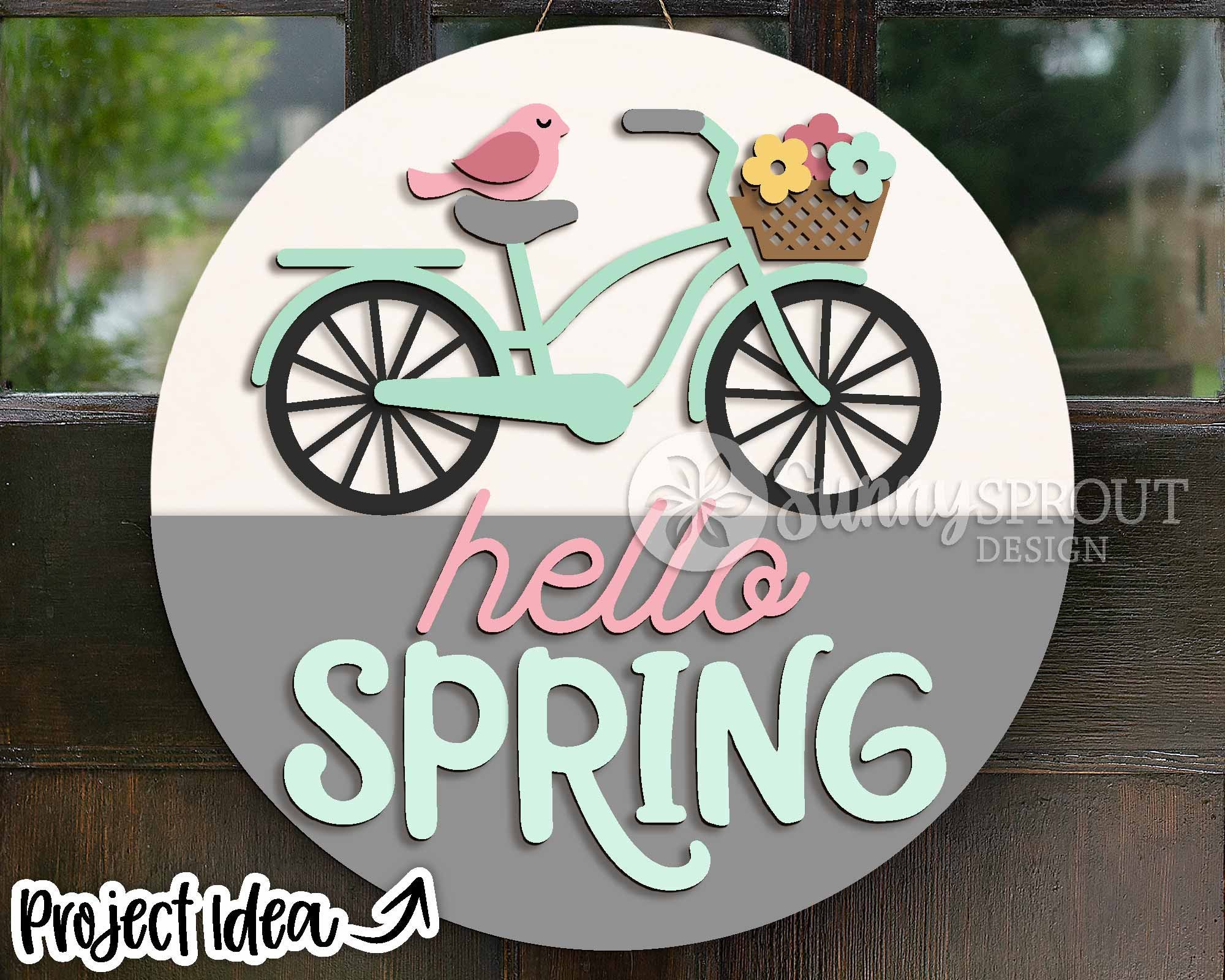 Hello Spring Bicycle Sign, Round Door Hanger Svg, Glowforge Laser Cut ...