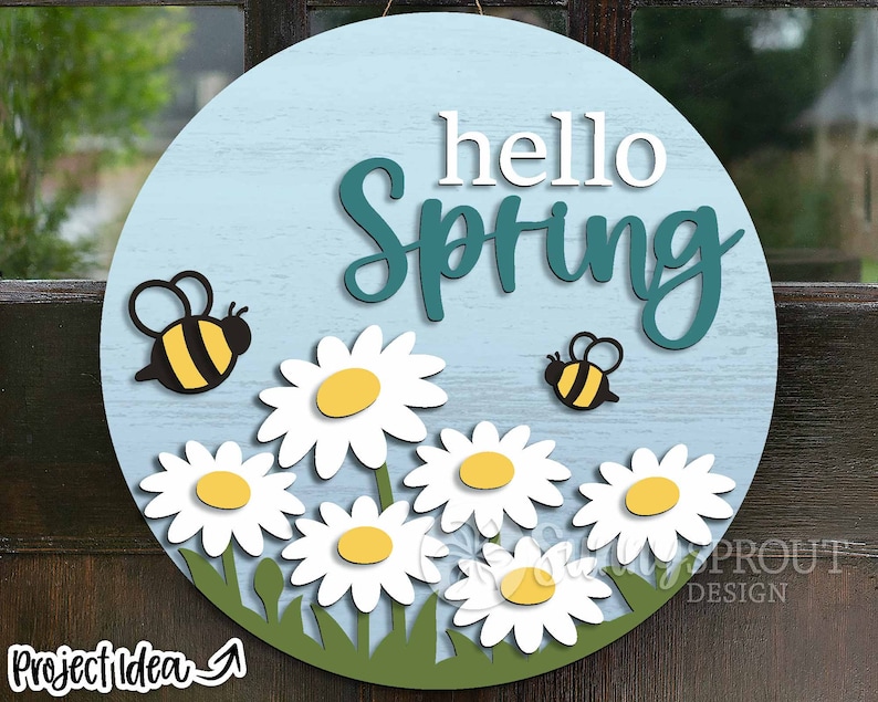 Hello Spring Daisy Bees Sign Round Door Hanger Svg Spring - Etsy