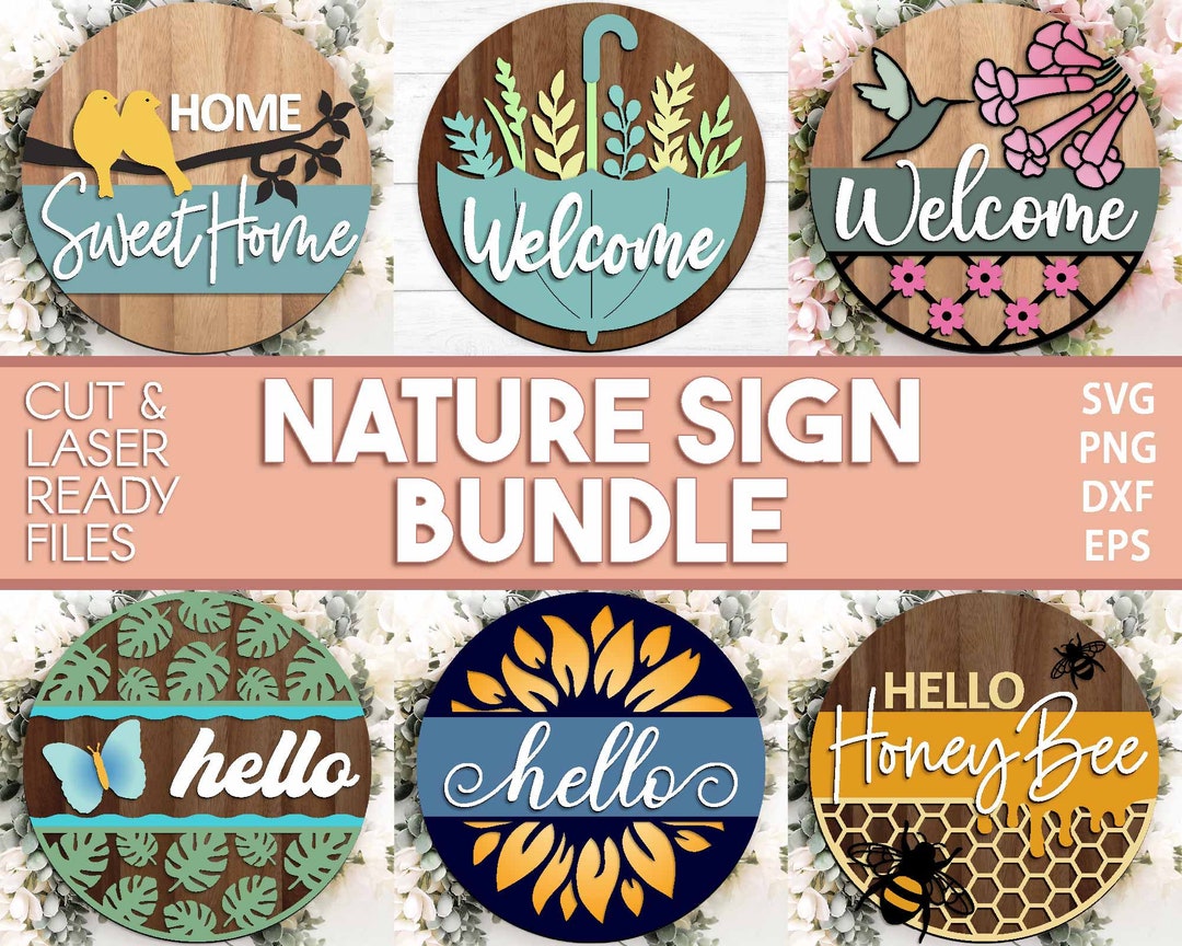 Nature Laser Sign Bundle, Round Door Hanger Svg, Glowforge Laser File ...