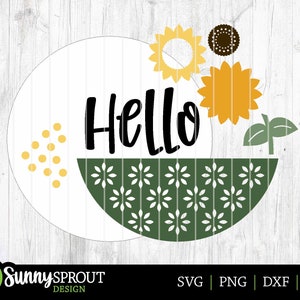 Hello Sunflower Pattern Sign, Round Door Hanger Svg, Glowforge Laser ...