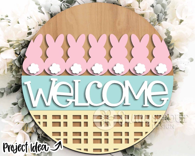 Welcome Bunny Tail Sign, Round Door Hanger Svg, Glowforge Laser File ...