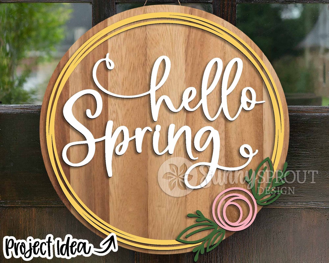 Hello Spring Flower Wreath Sign, Round Door Hanger Svg, Glowforge Laser ...