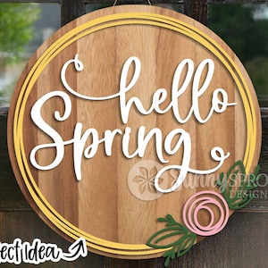Hello Spring Flower Wreath Sign, Round Door Hanger Svg, Glowforge Laser ...