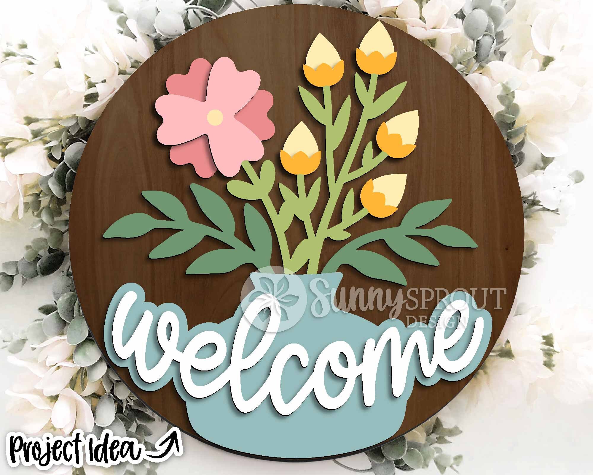 Welcome Flower Vase Sign, Round Door Hanger Svg, Glowforge Laser Cut ...