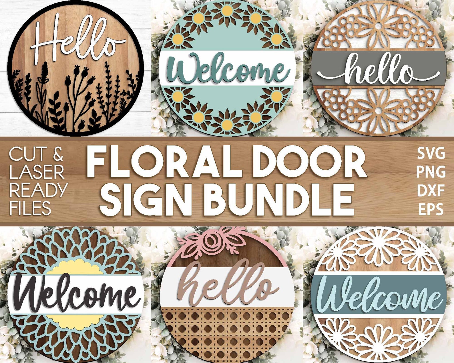 Floral Welcome Laser Sign Bundle, Round Door Hanger Svg, Glowforge ...