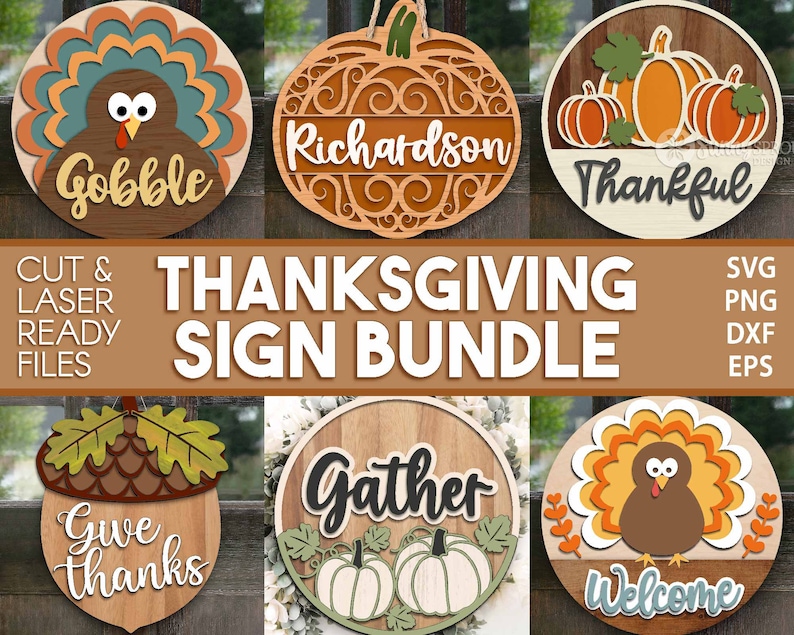 Thanksgiving Laser Sign Bundle, Round Door Hanger, Glowforge Laser File ...