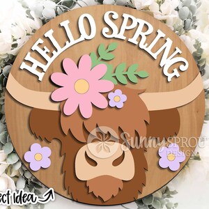 Hello Spring Highland Cow Sign, DIGITAL Download, Round Door Hanger Svg ...
