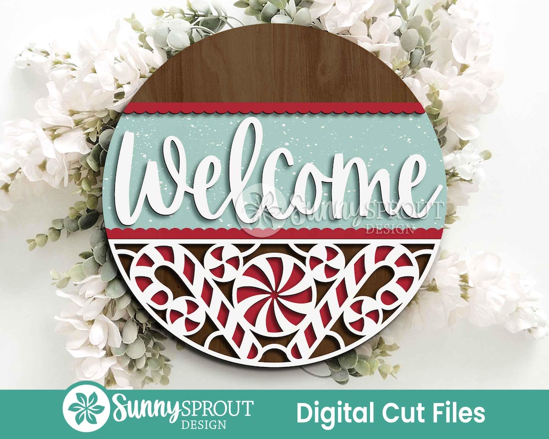 Welcome Candy Cane Pattern Sign, Round Door Hanger Svg, Glowforge Laser ...