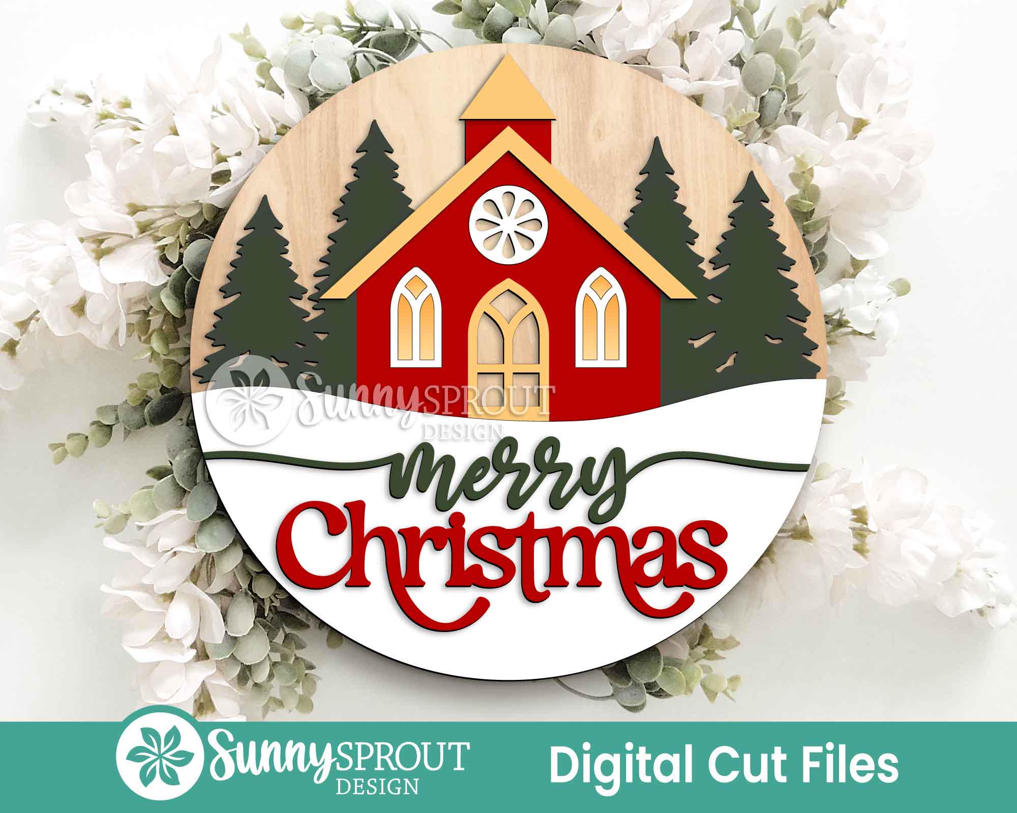 Merry Christmas Church & Pine Trees Sign, Digital Download, SVG Laser ...