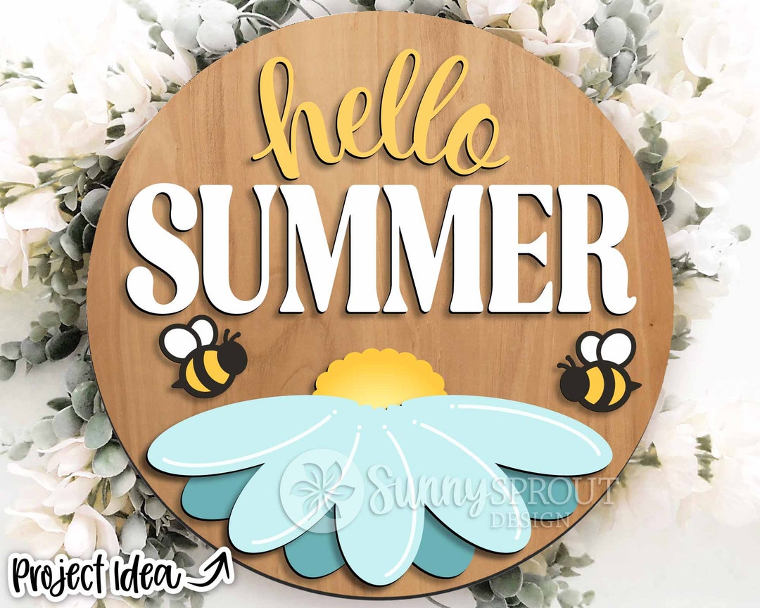 Hello Summer Bee Flower Sign, Digital Download, Round Door Hanger Svg ...
