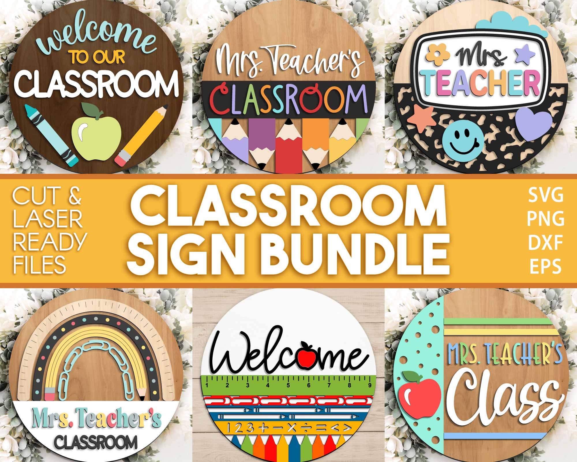 Classroom Sign Bundle, Round Door Hanger Svg, Glowforge Laser File ...