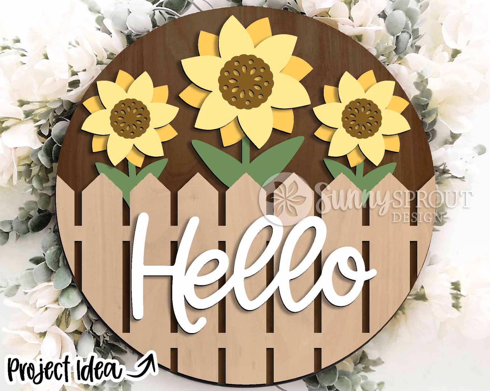 Hello Fence Sunflowers Sign, Round Door Hanger Svg, Glowforge Laser Cut ...