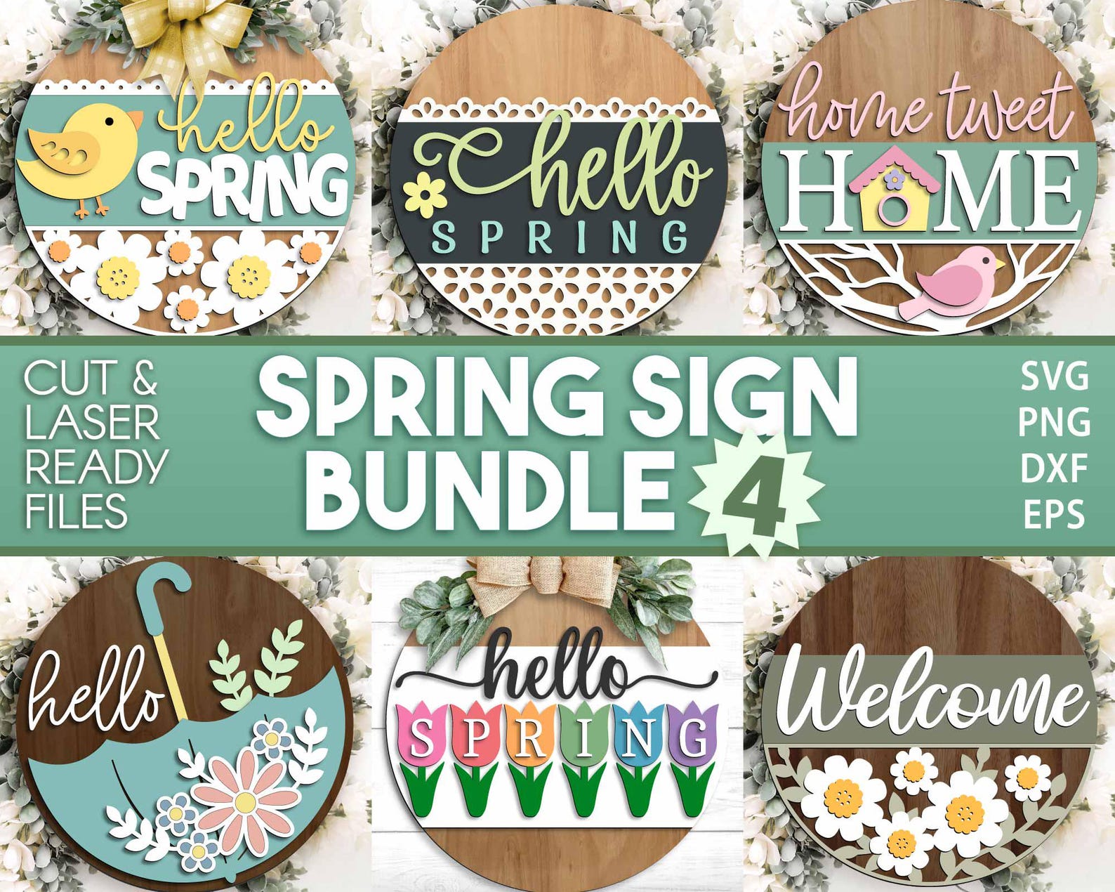 Spring Sign Bundle 4, Round Door Hanger Svg, Glowforge Laser File ...