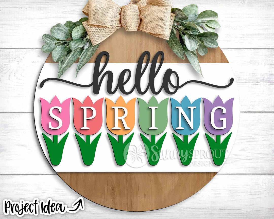 Hello Spring Tulip Flowers Sign, Digital Download, Round Door Hanger ...