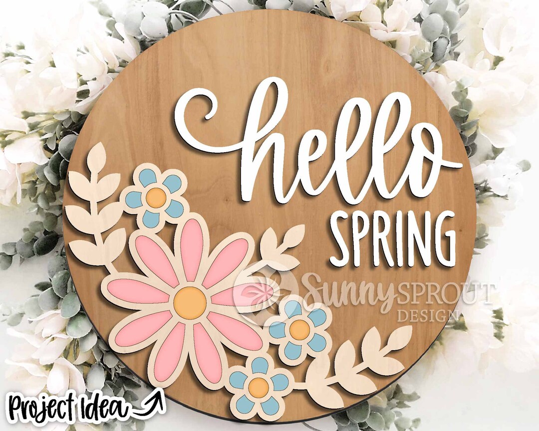 Hello Spring Floral Sign, Digital Download, Round Door Hanger Svg ...