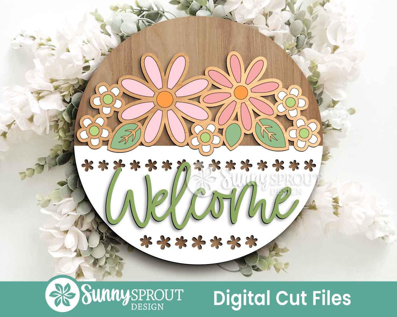 Welcome Floral Outline Sign, Round Door Hanger Svg, Glowforge Laser Cut ...