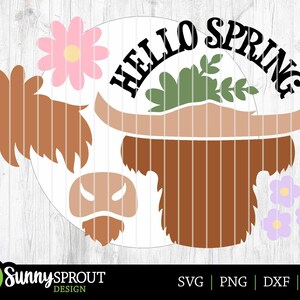 Hello Spring Highland Cow Sign, DIGITAL Download, Round Door Hanger Svg ...