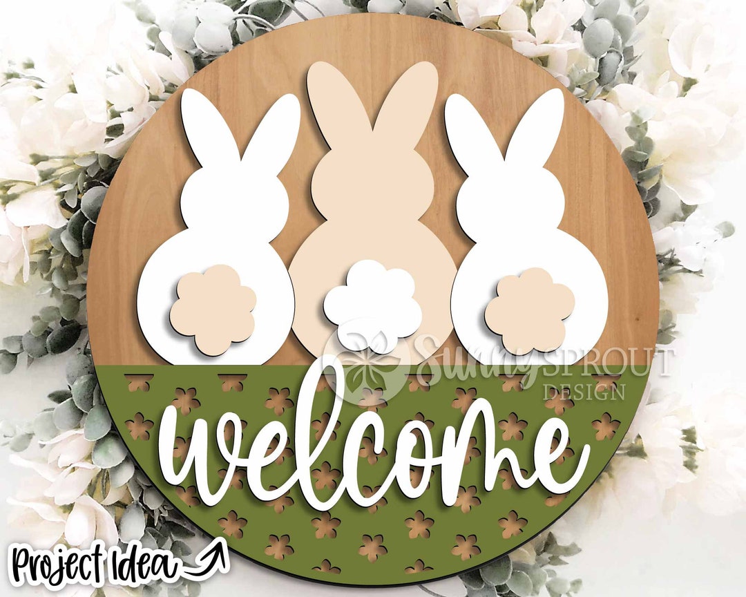 Three Bunnies Welcome Sign, Digital Download, Round Door Hanger Svg ...