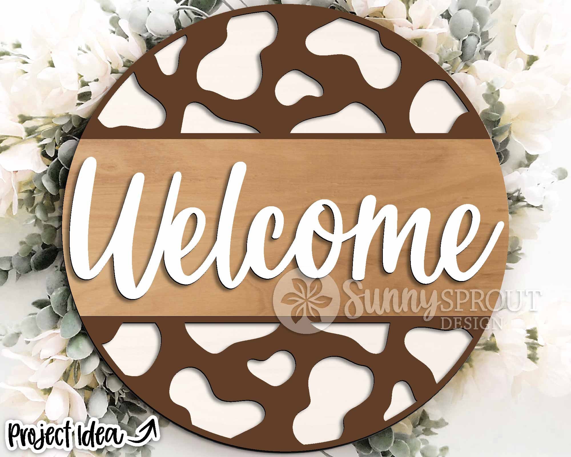 Welcome Cow Print Sign, Digital Download, Round Door Hanger Svg ...