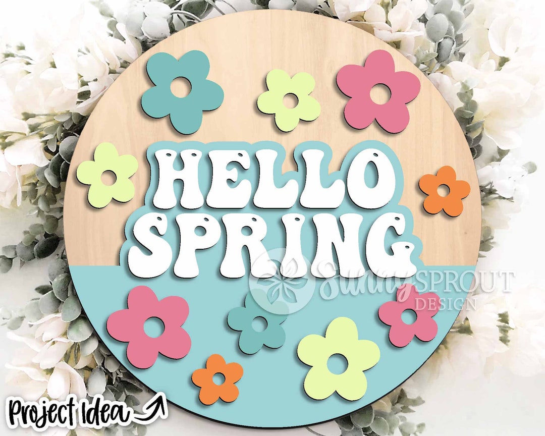 Hello Spring Retro Flower Sign, Digital Download, Round Door Hanger Svg ...