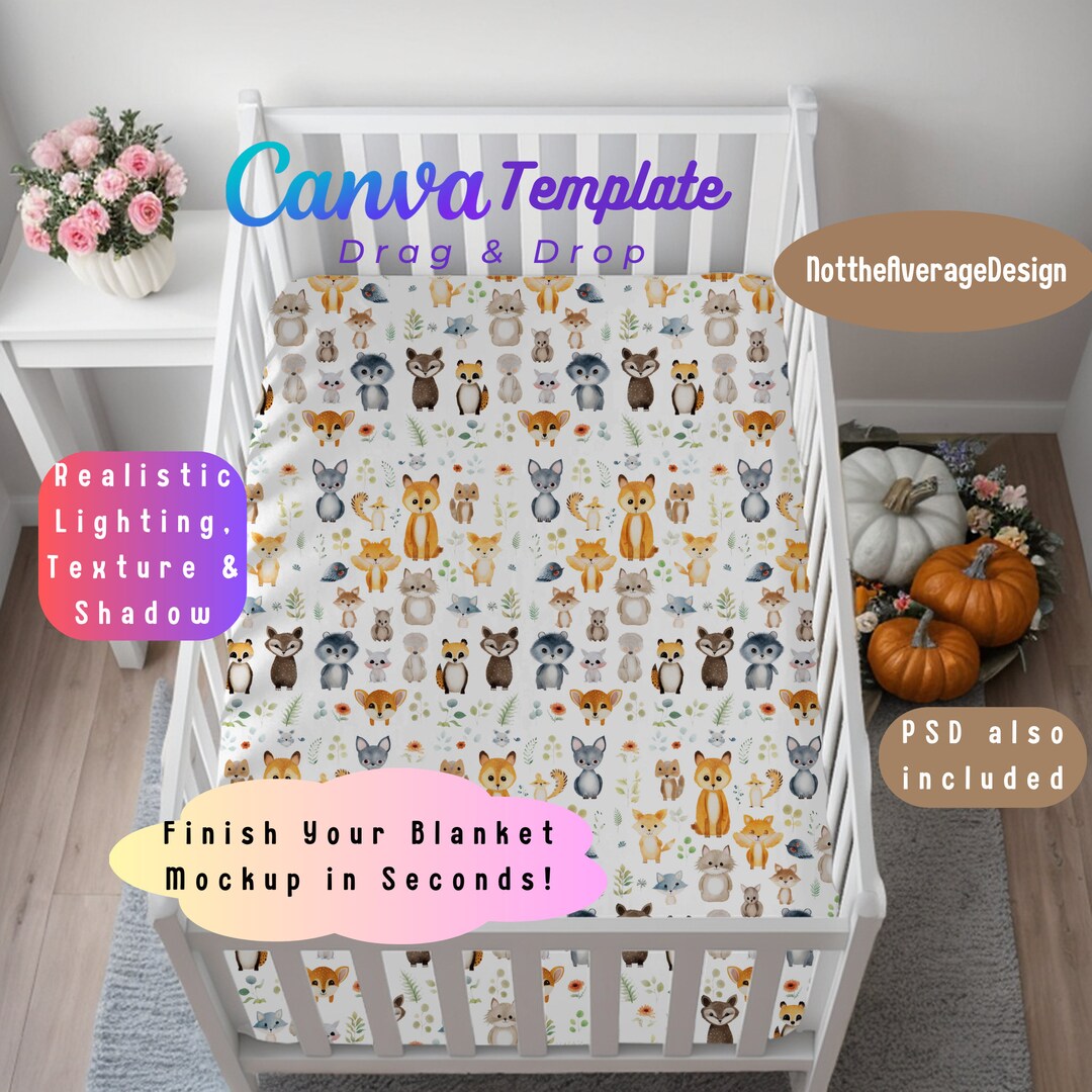 Baby Crib Sheet Mockup Canva & PSD Smart Object, Bundle Sale Template ...