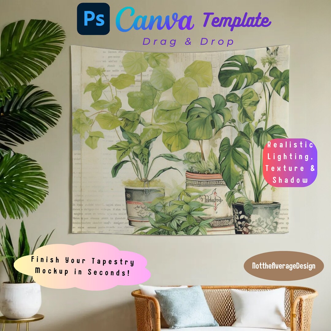 Tapestry Mockup 16 Canva PNG PSD, 60x50 Printify Indoor Wall Blanket ...