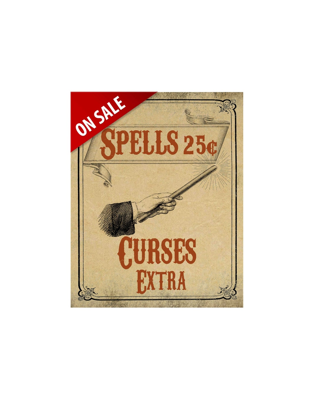 Vintage Halloween Sign Print: Spells & Curses, Wizard Wand (instant ...