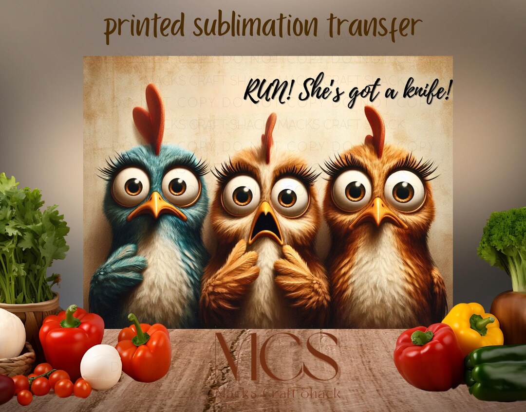 Sublimation Print - READY to PRESS - Shes Got A Knife - Scared Chicks - Cutting Board Design ...