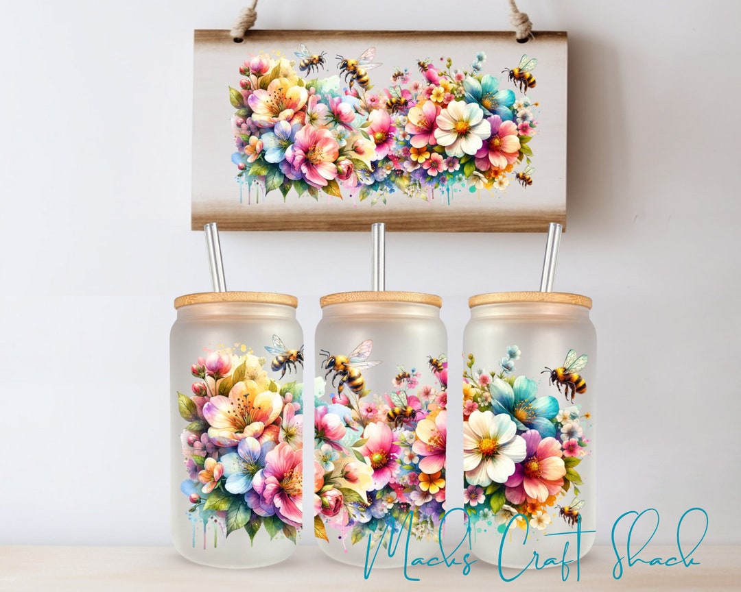 READY to PRESS - Spring Bees 16oz Glass Can Tumbler Sublimation Print ...