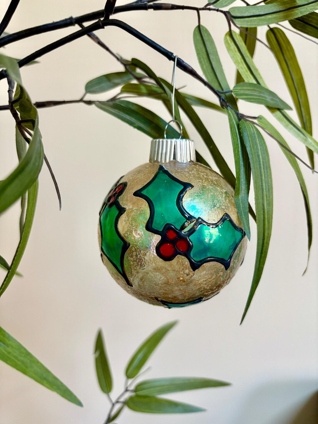 Stained Glass Style Christmas Holly Ornament - Etsy