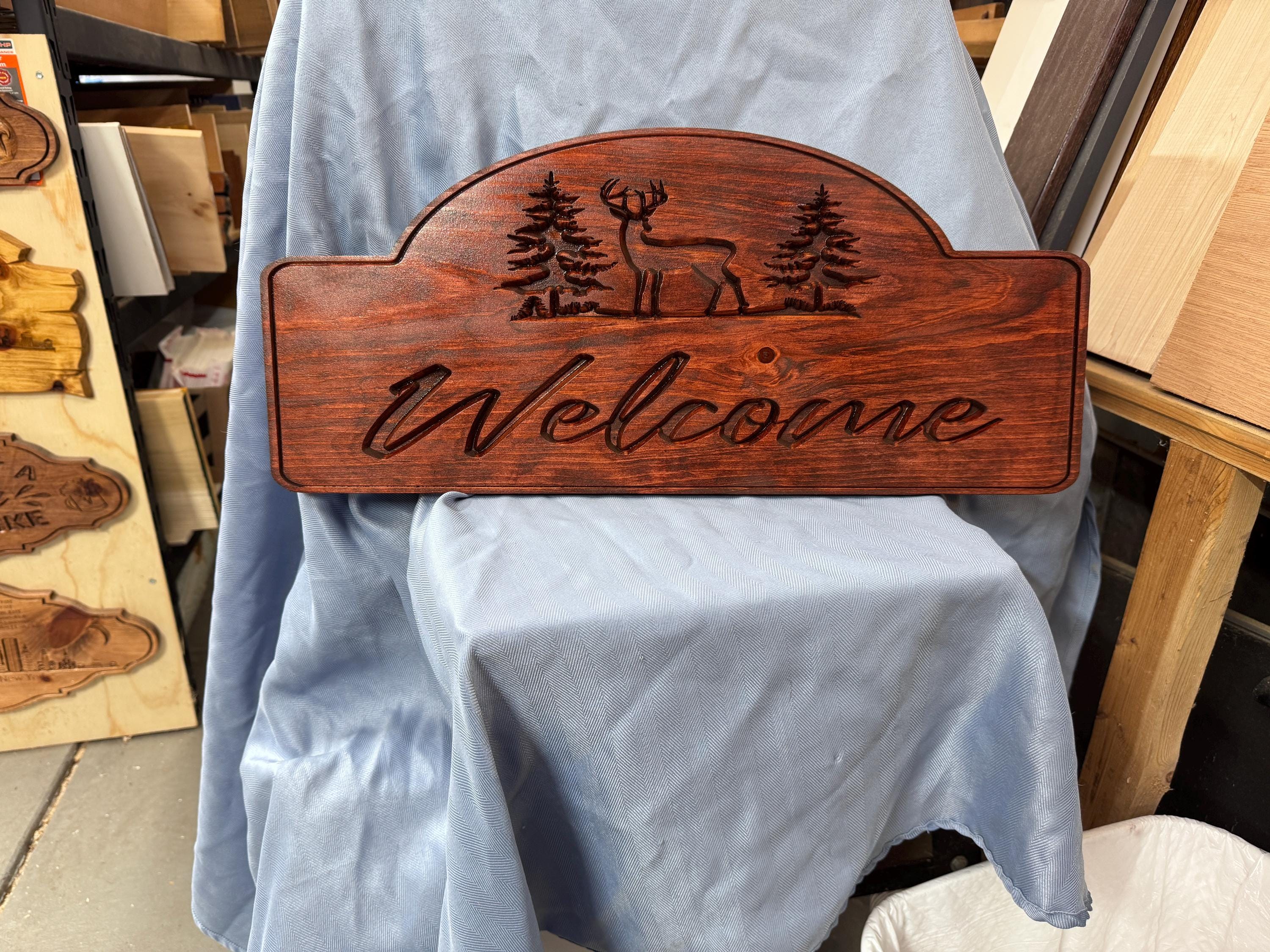 Deer+pine Trees Welcome Plaque - Etsy