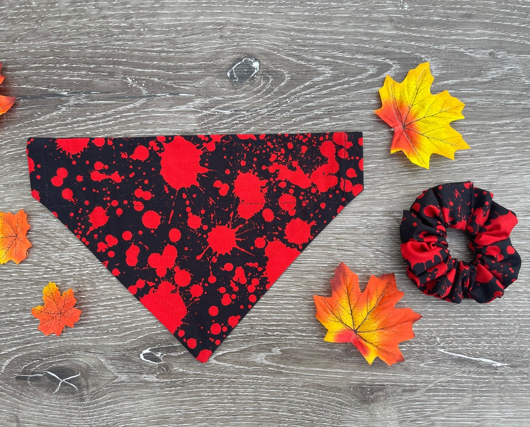 Blood Splatter Dog Bandana Scrunchie Set Over the Collar, Spooky Pet ...