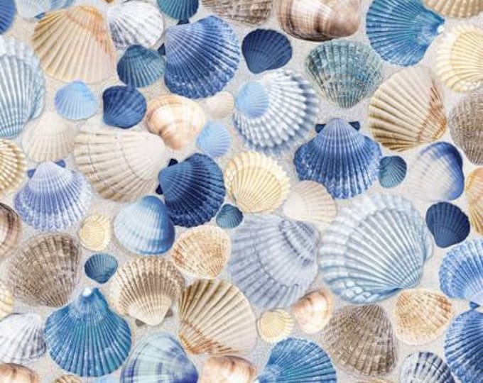 Fabric BEACH BLUE - Blue Packed Seashells - New by Timeless Treasures ...