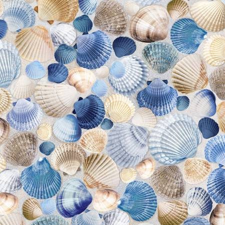 Fabric BEACH BLUE Blue Packed Seashells New by Timeless | Etsy