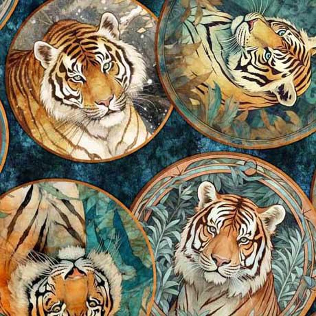 Fabric *EYE of the TIGER* Tiger Circle Collage Prussian Blue New! 100% ...
