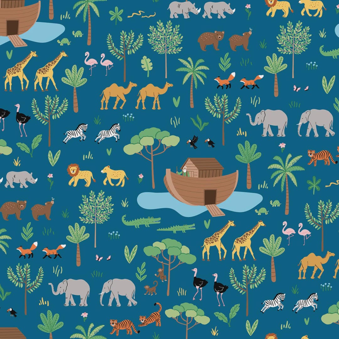 Fabric *TWO by TWO* Noah's Ark Main on Blue C16680 - 100% Premium ...