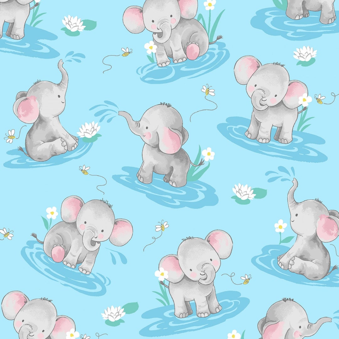 Fabric BLUE WATER FROLIC Little Darlings Happy Elephants All Over D187 ...